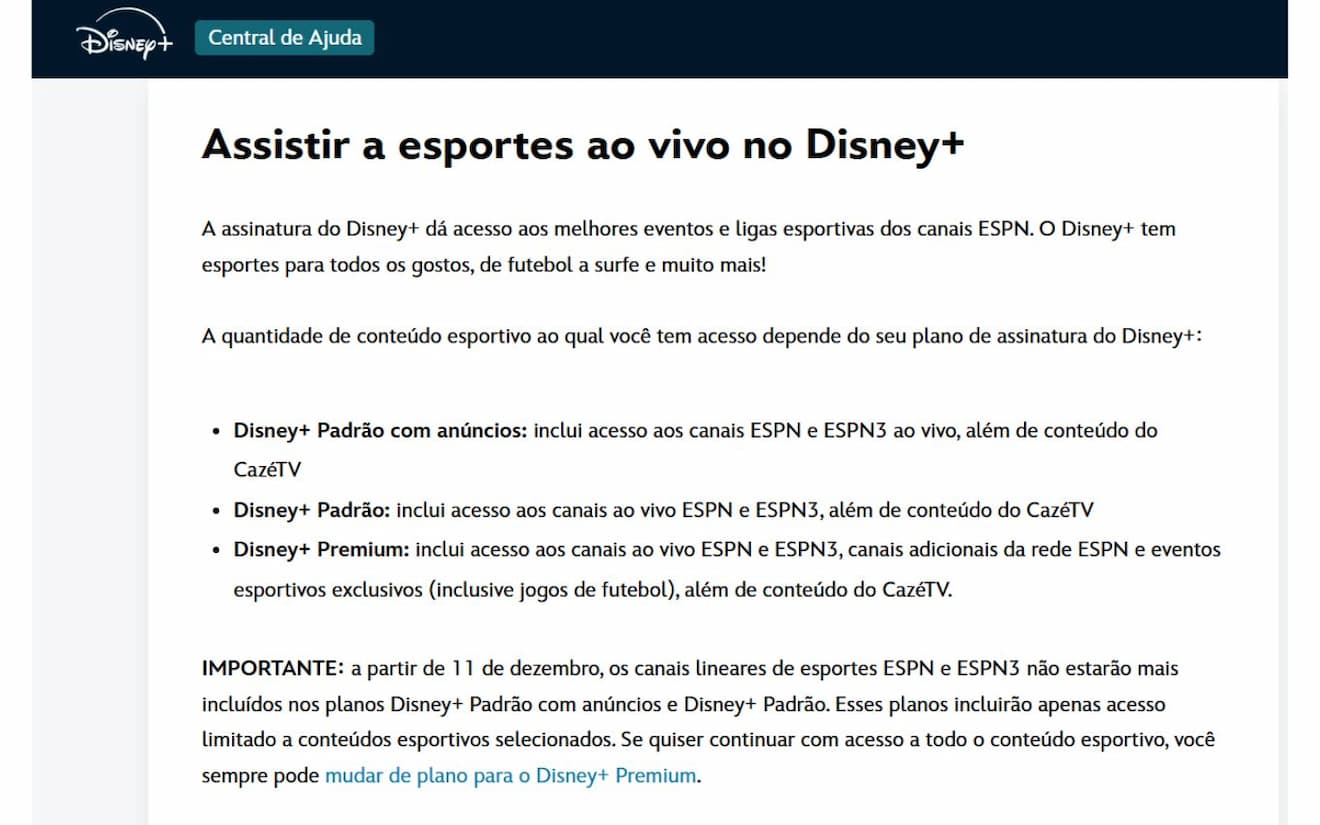 Disney+ muda regra e coloca canais ESPN apenas no plano premium